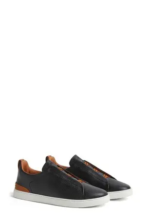 Zegna Triple Stitch™ Leather Slip-on Sneaker - Black