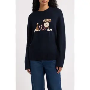 ROWING BLAZERS Terrier Dog Cotton Crewneck Sweater - Navy
