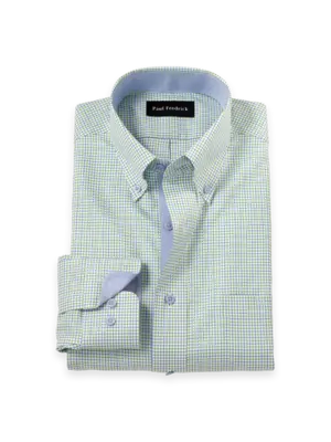 PAUL FREDRICK Cotton Poly Spandex Buttondown Collar Twill Tailored Contrast Trim Button Cuff Long Sleeve Shirt - Blue/green