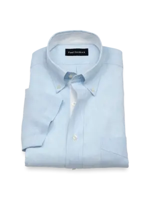 PAUL FREDRICK Linen Buttondown Collar Poplin Slim Contrast Trim Hemmed Sleeve Short Sleeve Shirt - Light Blue