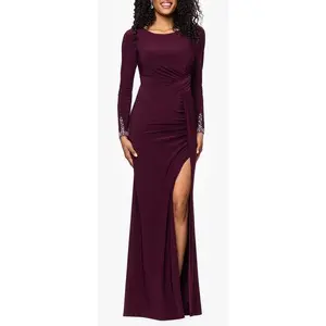 Betsy & Adam Embellished Cuff Ruched Long Sleeve Sheath Gown - Wine