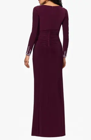 Betsy & Adam Embellished Cuff Ruched Long Sleeve Sheath Gown