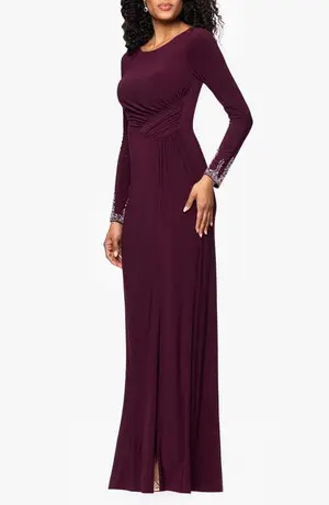 Betsy & Adam Embellished Cuff Ruched Long Sleeve Sheath Gown