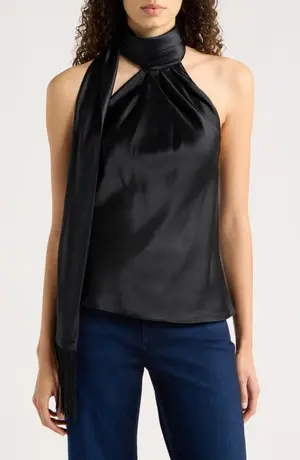 REFORMATION Sabi Scarf Fringe Sleeveless Silk Top - Black