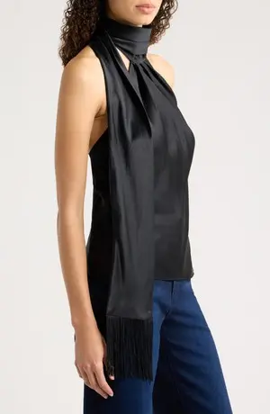 REFORMATION Sabi Scarf Fringe Sleeveless Silk Top - Black