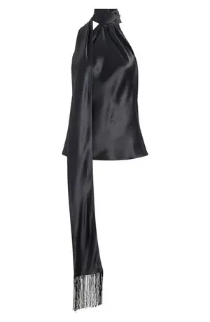 REFORMATION Sabi Scarf Fringe Sleeveless Silk Top - Black