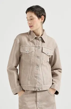 Brunello Cucinelli Beige Lamé Denim Four-pocket Outerwear Jacket With Monili - Rope