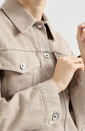 Brunello Cucinelli Beige Lamé Denim Four-pocket Outerwear Jacket With Monili