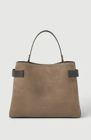 Brunello Cucinelli Essence Top-handle Bag In Suede With Precious Bands - Bark