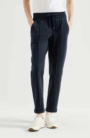 Brunello Cucinelli Stretch Cotton Lightweight French Terry Track Trousers With Monili - Blue
