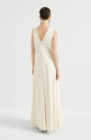 Brunello Cucinelli Silk And Acetate Crêpe Cady Fluid Dress With Precious Neckline - Chalk