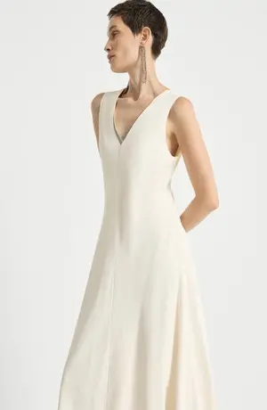 Brunello Cucinelli Silk And Acetate Crêpe Cady Fluid Dress With Precious Neckline - Chalk