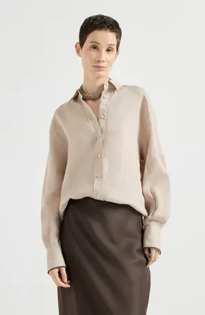 Brunello Cucinelli Linen Shirt With Monili - Beige