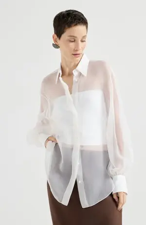 Brunello Cucinelli Crispy Silk Shirt With Monili - White