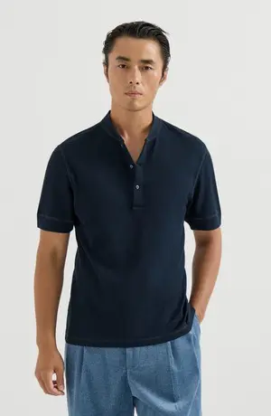 Brunello Cucinelli Cotton Waffle Jersey T-shirt With Henley Collar - Cobalt