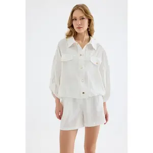 MONLICIA Aurelia Gold Button Relaxed Bomber Jacket - White
