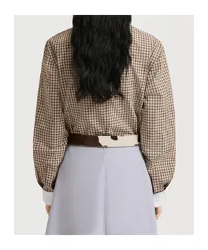 Marni Brown Checked Poplin Top With Ruched Front