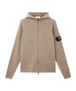 Stone Island Ribbed Zip-up Hooded Sweater - Biscuit