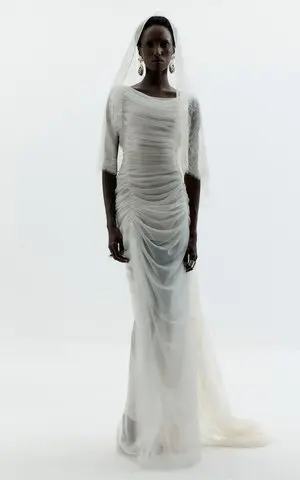 DE LA VALI Zarela Asymmetric Gathered Tulle Maxi Dress - Ivory