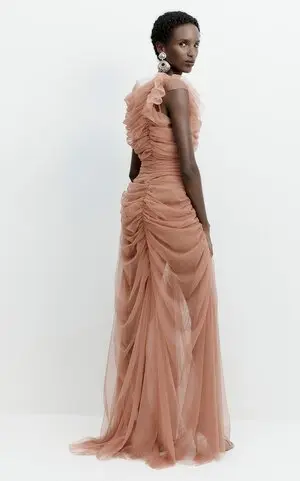DE LA VALI Zarela Asymmetric Gathered Tulle Maxi Dress - Pink