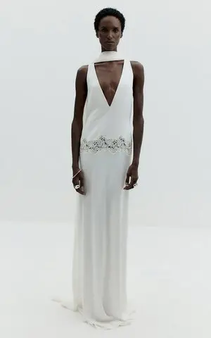 DE LA VALI Azurite Halter Neck Lace Maxi Dress - Ivory