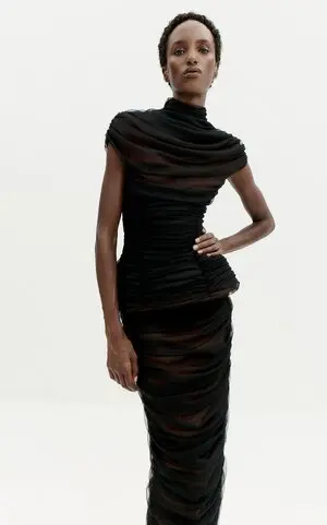 DE LA VALI Thalassa Gathered Tulle Maxi Skirt - Black