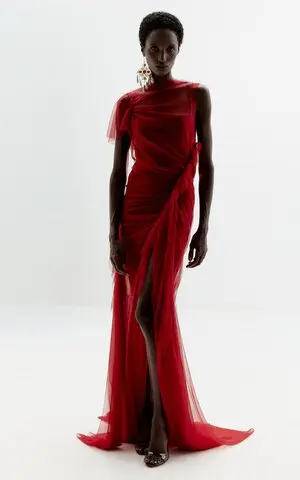 DE LA VALI Sapphire Tulle Maxi Dress - Red