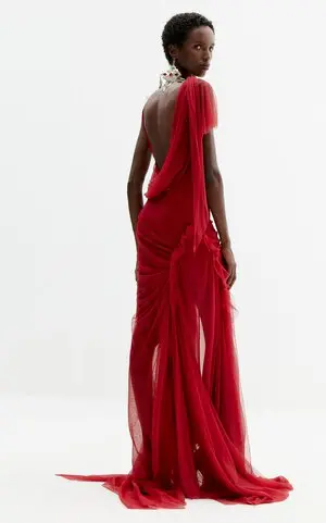 DE LA VALI Sapphire Tulle Maxi Dress - Red
