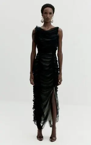 DE LA VALI Zarela Asymmetric Gathered Tulle Midi Dress