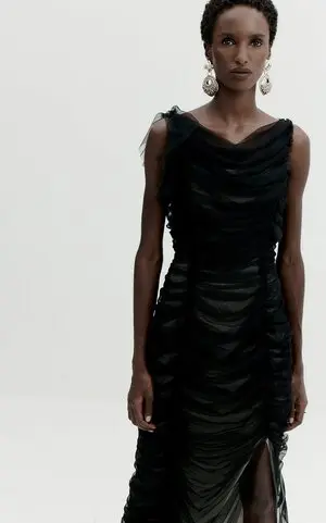DE LA VALI Zarela Asymmetric Gathered Tulle Midi Dress
