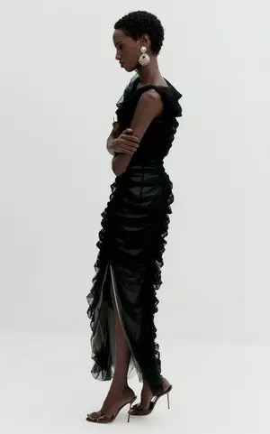 DE LA VALI Zarela Asymmetric Gathered Tulle Midi Dress
