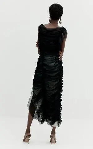 DE LA VALI Zarela Asymmetric Gathered Tulle Midi Dress