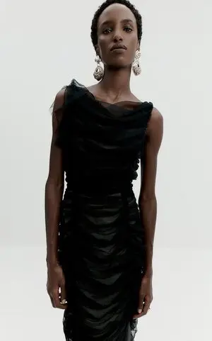 DE LA VALI Zarela Asymmetric Gathered Tulle Midi Dress