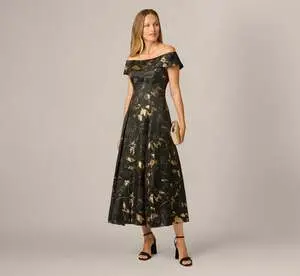Adrianna Papell Off Shoulder Metallic Jacquard Midi Dress In Black Gold - Black/gold
