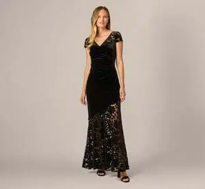 Adrianna Papell Cap Sleeve Floral Burnout Stretch Velvet Illusion Gown - Black
