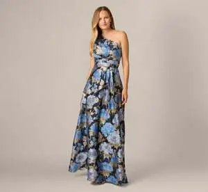Adrianna Papell One Shoulder Metallic Floral Jacquard Gown In Navy Blue Multi - Navy/blue Multi