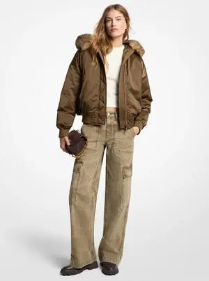 Michael Kors Faux Fur-trimmed Satin Ciré Hooded Bomber Jacket In Size By - Green