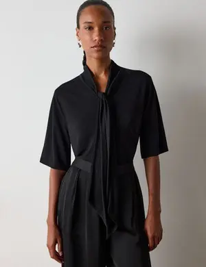Whistles Short Sleeve Tie-neck Jersey Top