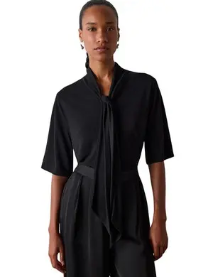 Whistles Short Sleeve Tie-neck Jersey Top - Black