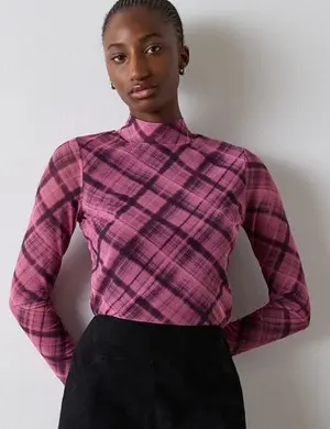 Whistles Check Print Mesh Top - Pink/multi
