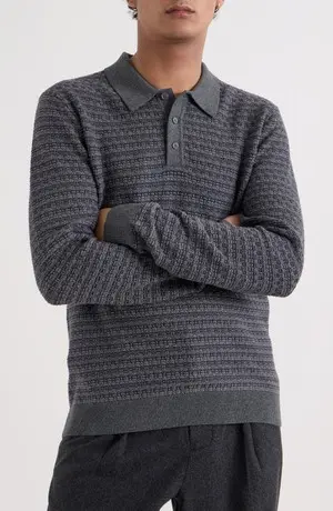 WAX LONDON Oban Geometric Cotton Long Sleeve Polo - Grey