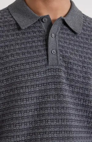 WAX LONDON Oban Geometric Cotton Long Sleeve Polo - Grey