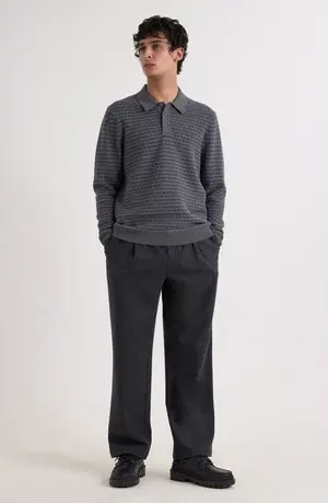 WAX LONDON Oban Geometric Cotton Long Sleeve Polo - Grey