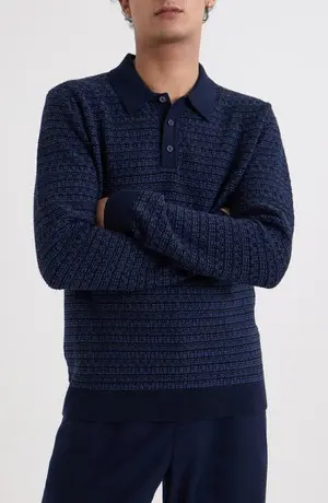 WAX LONDON Oban Geometric Cotton Long Sleeve Polo - Navy