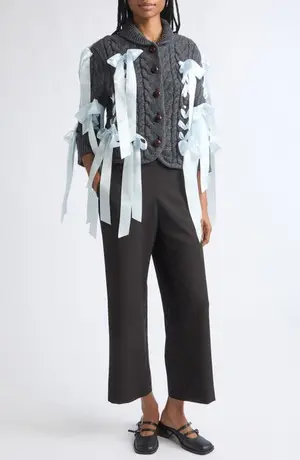 Sandy Liang Cobble Bow Cable Knit Wool Cardigan