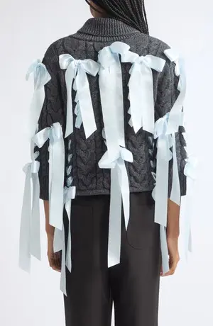 Sandy Liang Cobble Bow Cable Knit Wool Cardigan
