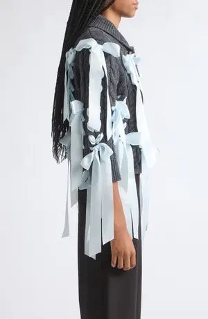 Sandy Liang Cobble Bow Cable Knit Wool Cardigan