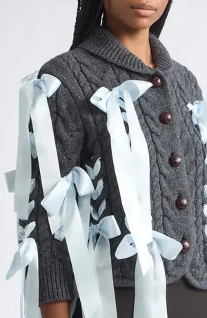 Sandy Liang Cobble Bow Cable Knit Wool Cardigan