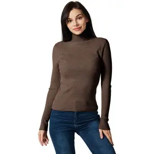 ZILPU Slim Fit Ribbed Turtleneck Sweater Top - Brown