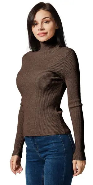 ZILPU Slim Fit Ribbed Turtleneck Sweater Top - Brown